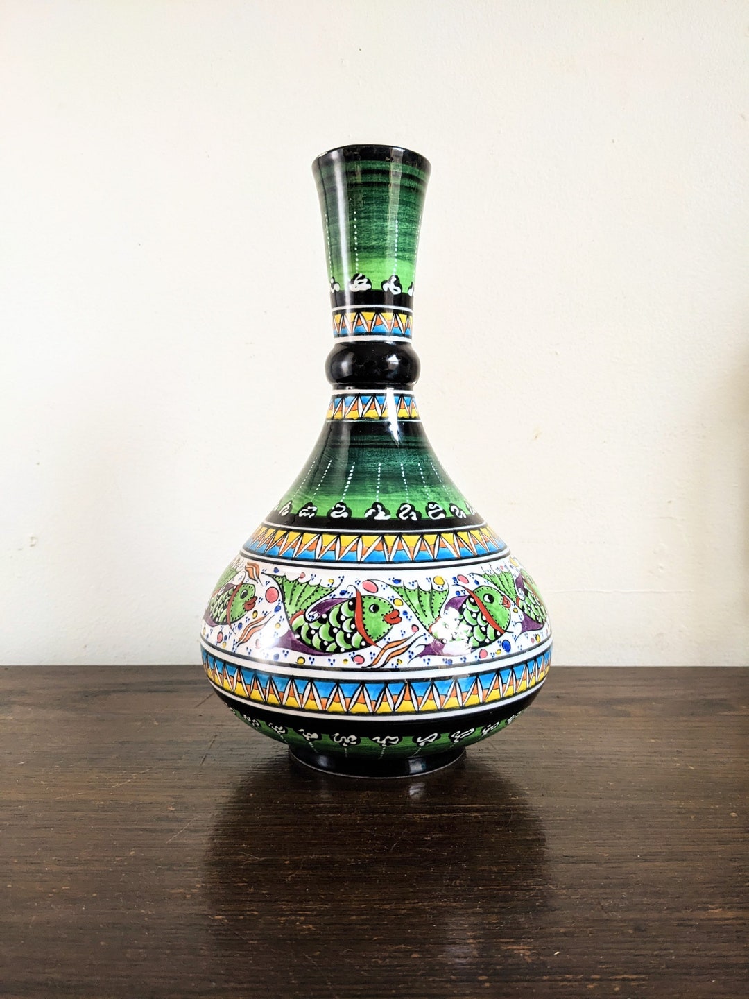 Turkish Ceramic Carafe Emerald Green Fish Decanter Elsam Gine Handmade ...