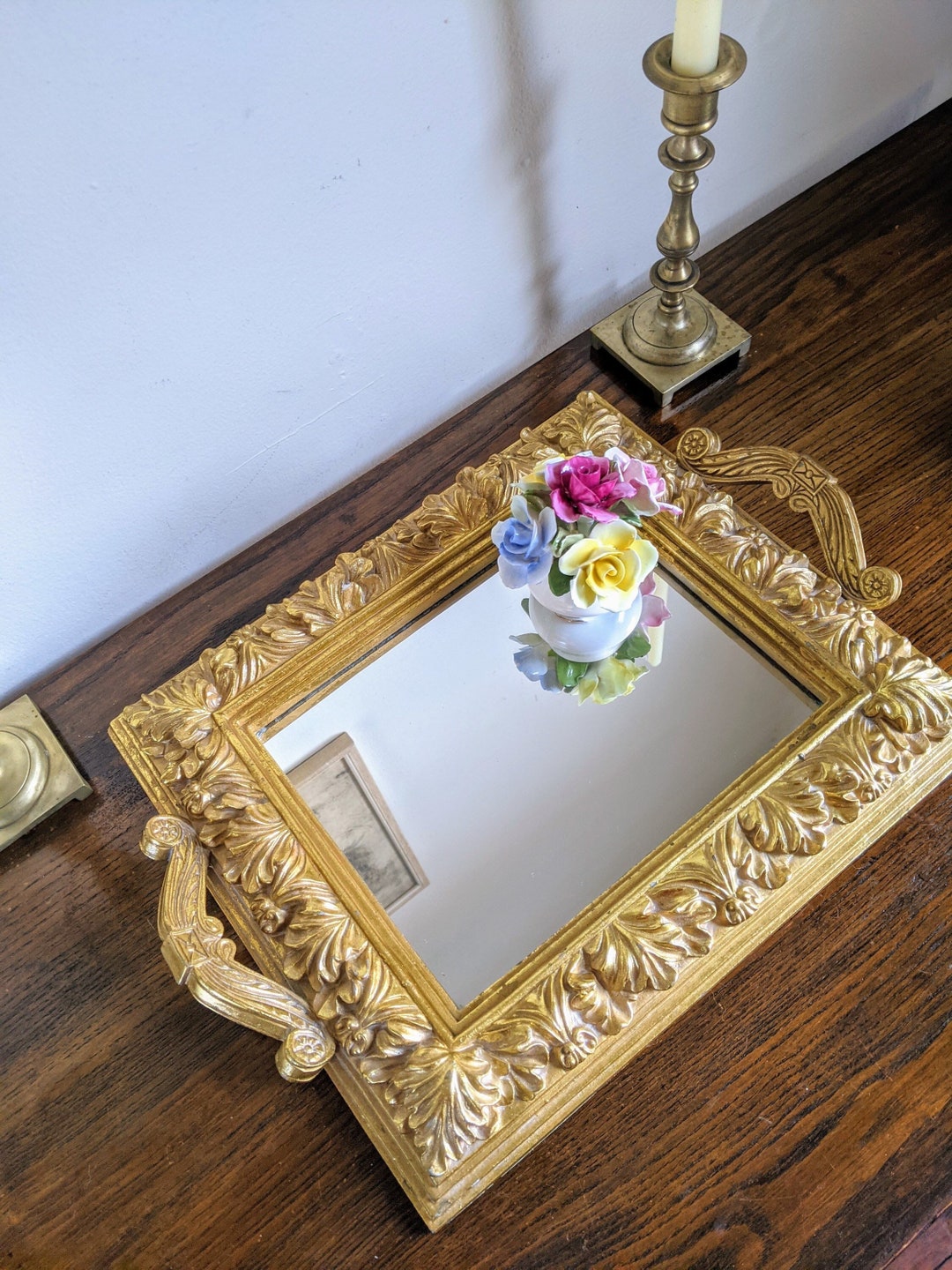 Ornate Gold Mirror Tray Handles Hollywood Regency Large Gilt Plaster ...
