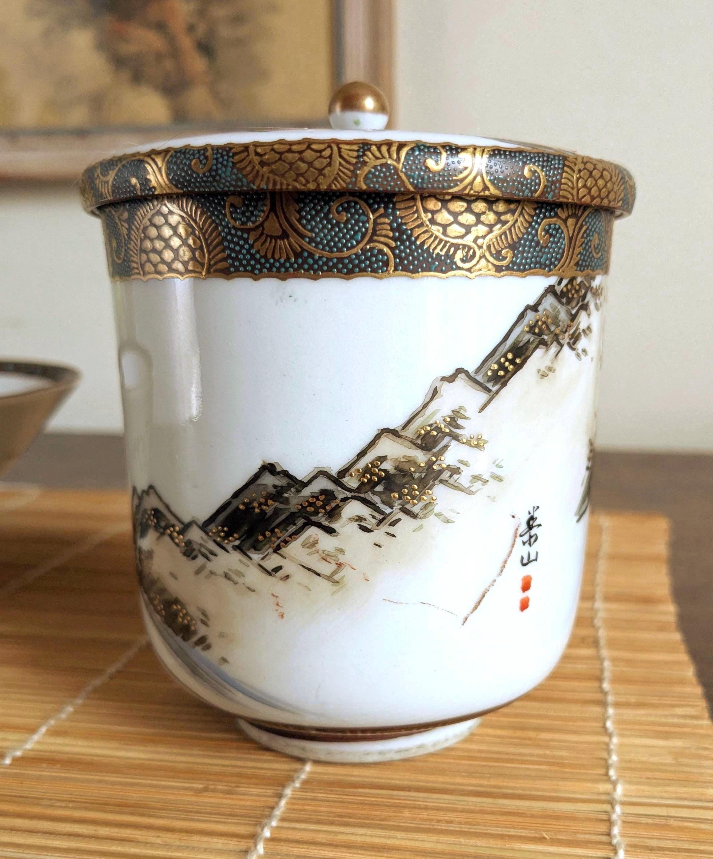 Antique Japanese Kutani Teacup Lid Yunomi Asahi Fine Unique Kansan ...