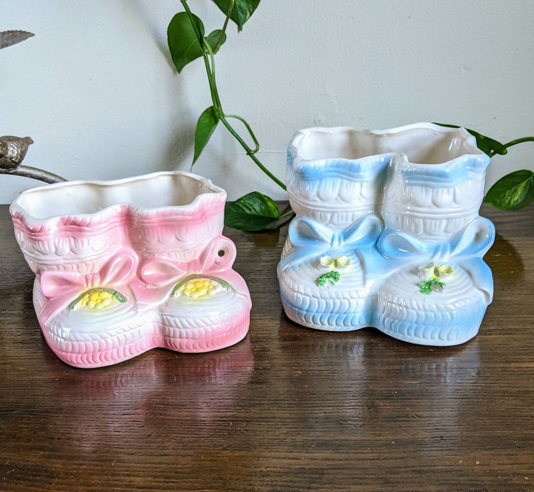 Ceramic Baby Bootie Planter Japan Blue Pink Knitted Booties Baby Room ...
