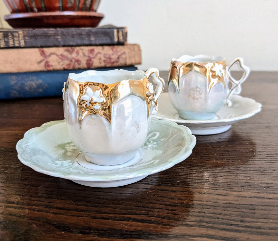 Antique Lustreware Gold Demitasse Cup Saucer Set of Two Flower Shaped ...