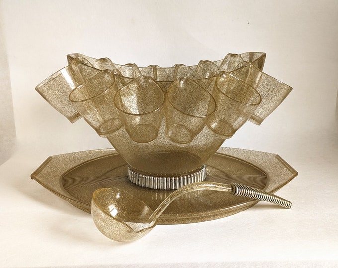 Mid Century Gold Glitter Resin Punch Bowl 12 Cups Ladle Platter Styson ...