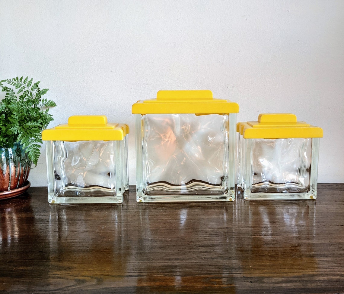Glass Block Canister Set Yellow Lids Art Deco Modernist - Etsy