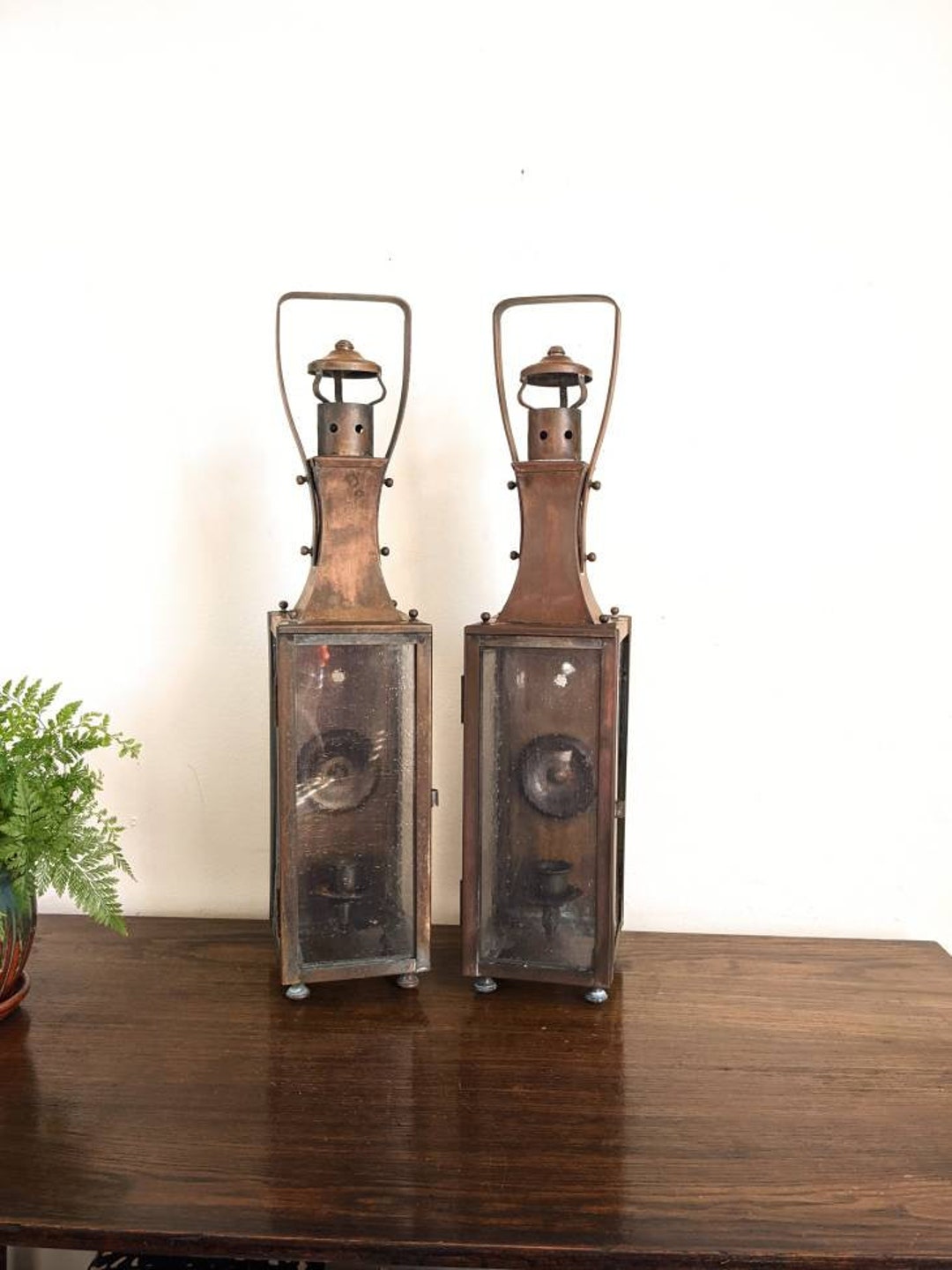Antique Tall Lantern Pair Copper Lantern Pair Candle Reflector - Etsy