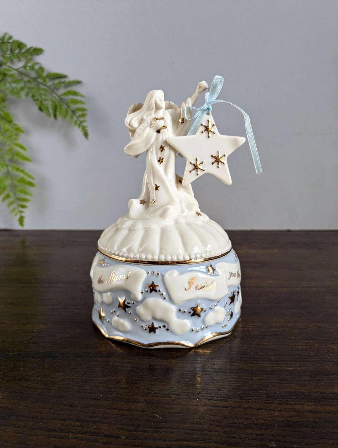 Lenox Wishes Upon A Star Music Box Porcelain Angel Blue Gold White ...