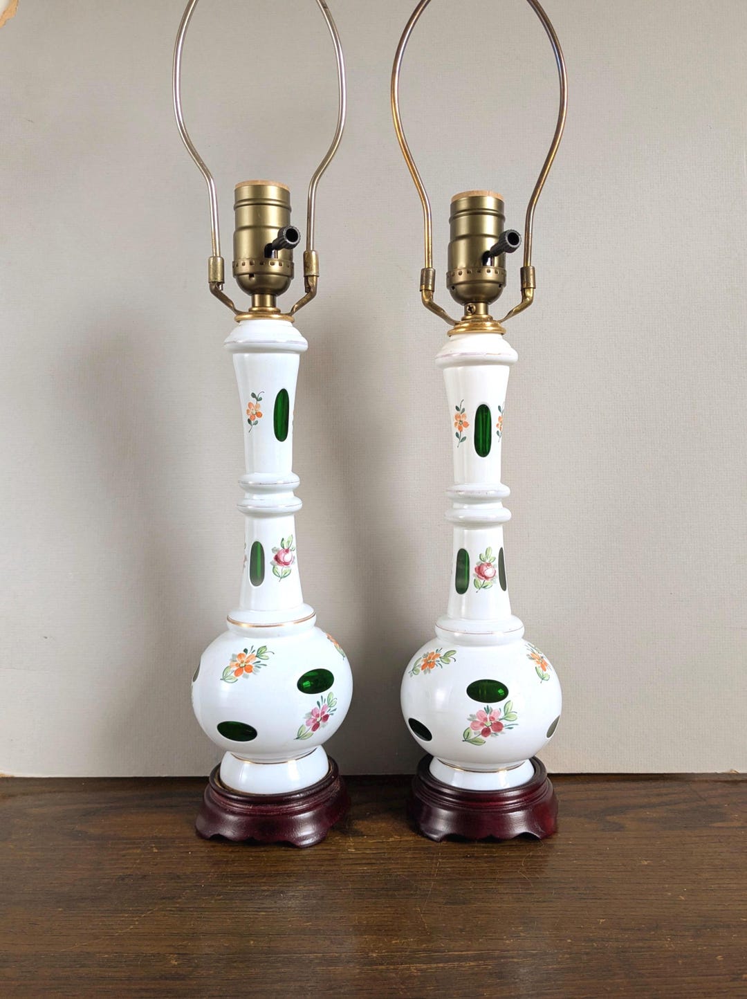 Pair Boudior Lamps Bohemian White Glass Cut to Green Czech Pink Orange ...