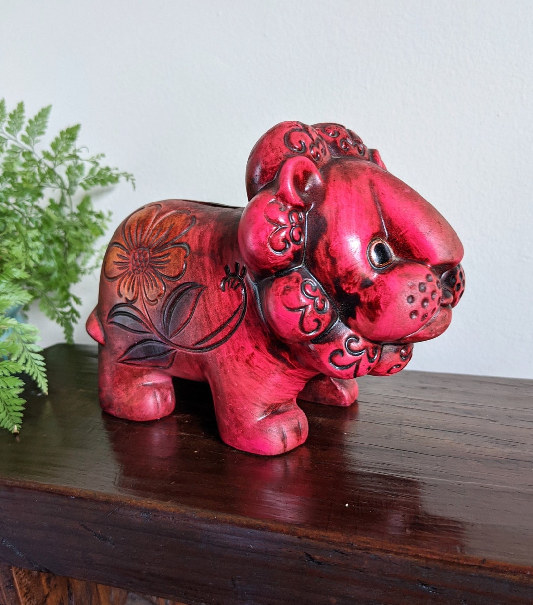 70s Coin Bank Paper Mache Japan Lion Florescent Neon Pink Flowers Mod ...