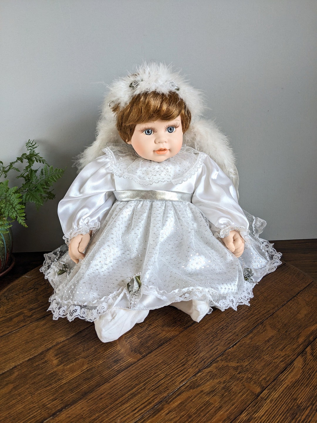 Large Angel Baby Doll Real Feather Wings Silver White Dress 21 Inch ...