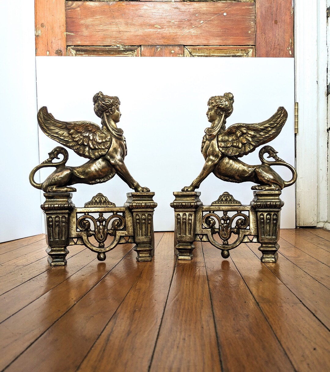 Antique Sphinx Andirons Brass French Neoclassical Greek Style - Etsy