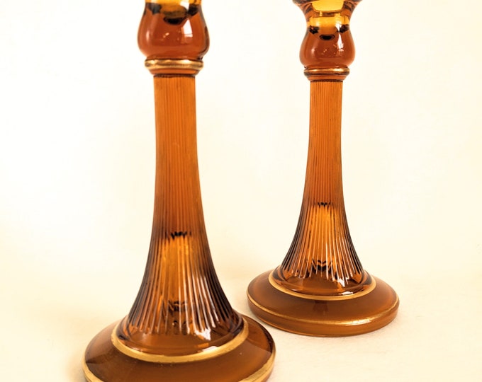 Antique Amber Glass Candlestick Pair Diamond Glass Co 900 Adams Rib ...