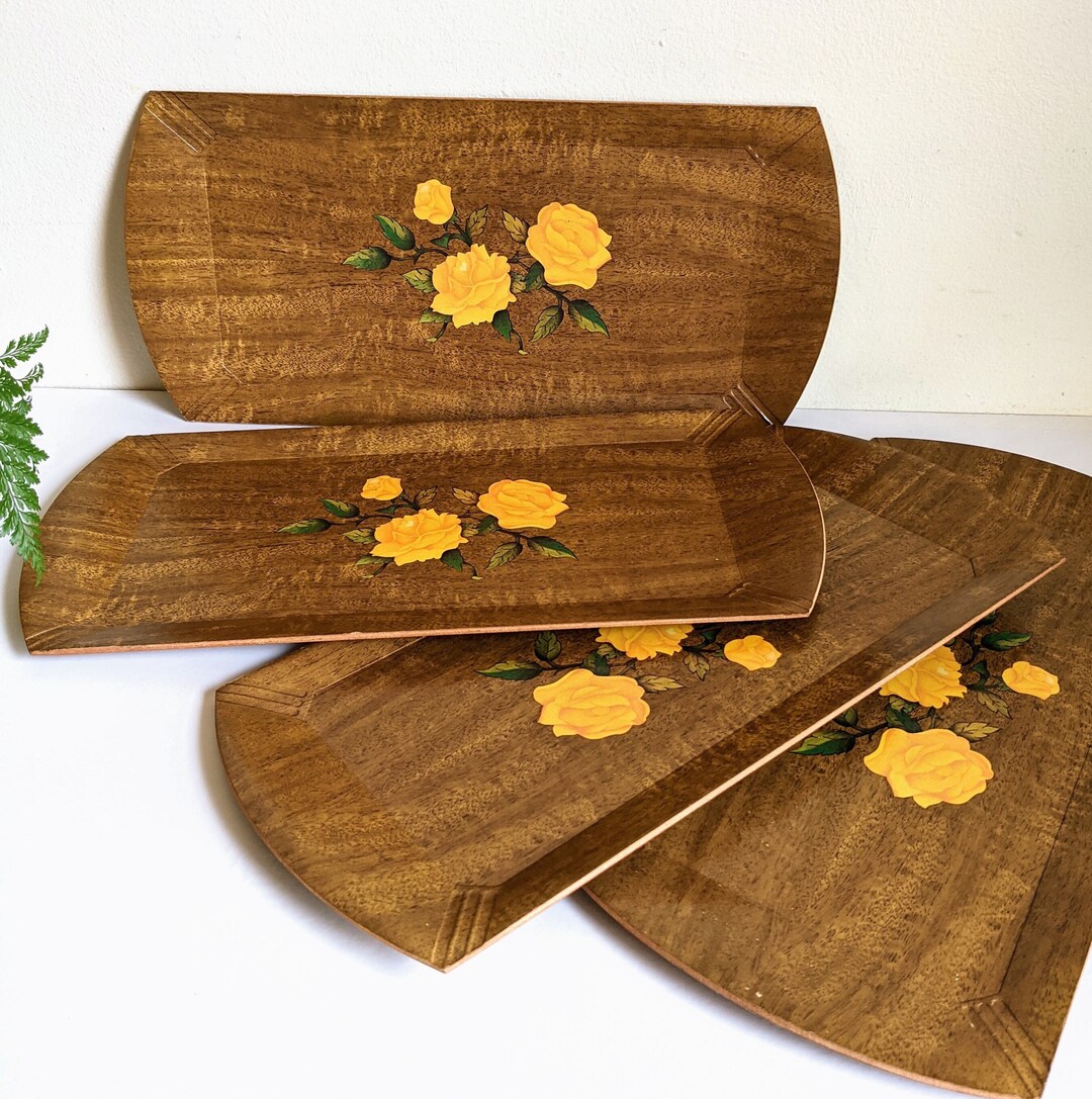 Hasko Lap Tray Trayware Wood Grain Yellow Rose Set of Four 40s ...