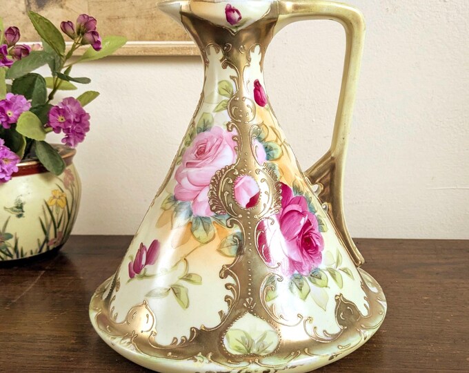 Antique Porcelain Ewer Water Pitcher Japan Floral Gold Decorated Cone ...