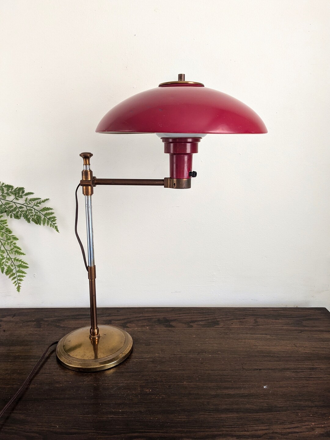 Mid Century Desk Lamp Atomic Brass Red Flying Saucer Shade Swing Arm ...
