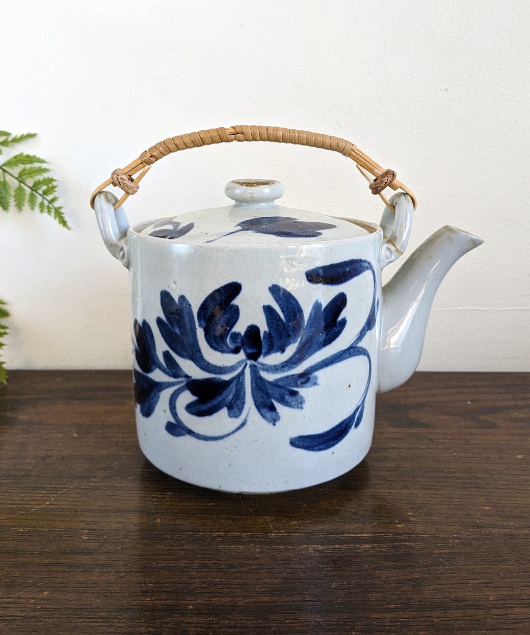 Japanese Pottery Teapot Large Painted Cobalt Blue Flowers Rattan Handle ...