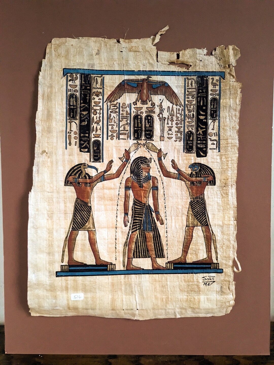 Egyptian Papyrus Painting Signed Anointing by the Gods Hieroglyphics ...