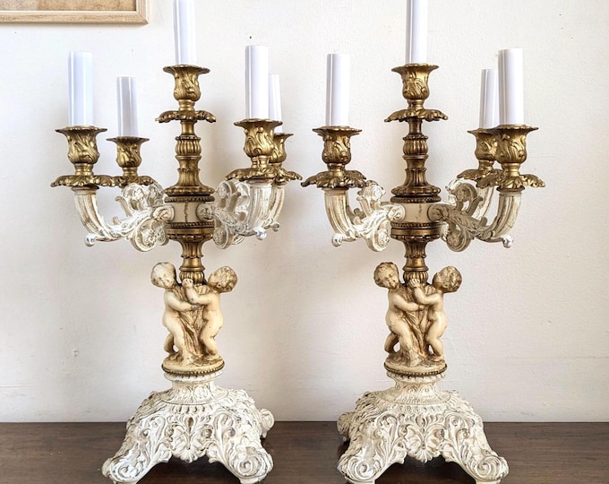 White Gold Candelabra Pair French Baroque Cupid Putti 5 Light Electric ...