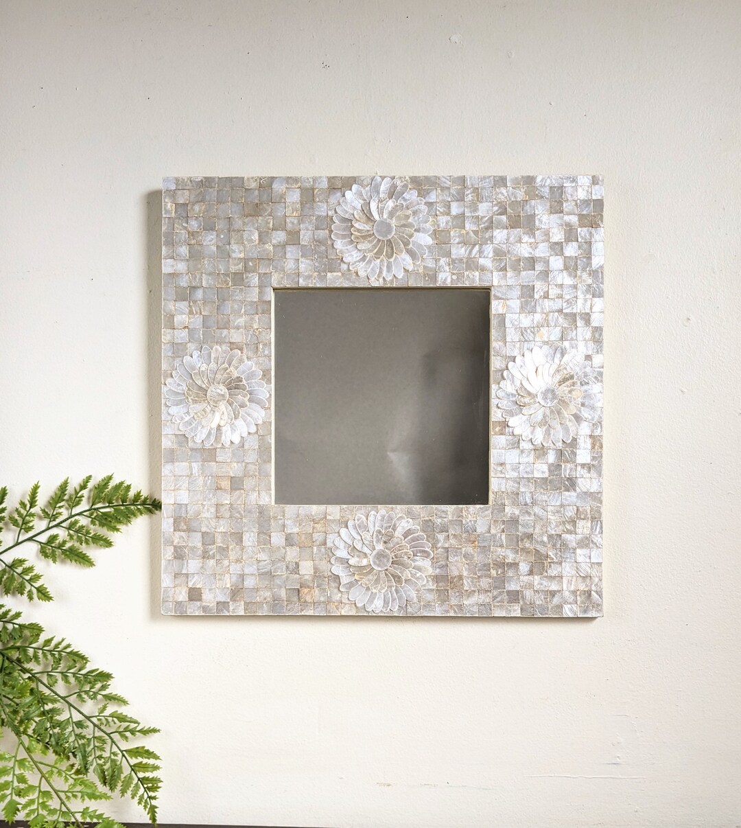 Capiz Shell Wall Mirror Square Warm White Beige Pearlescent Finish ...