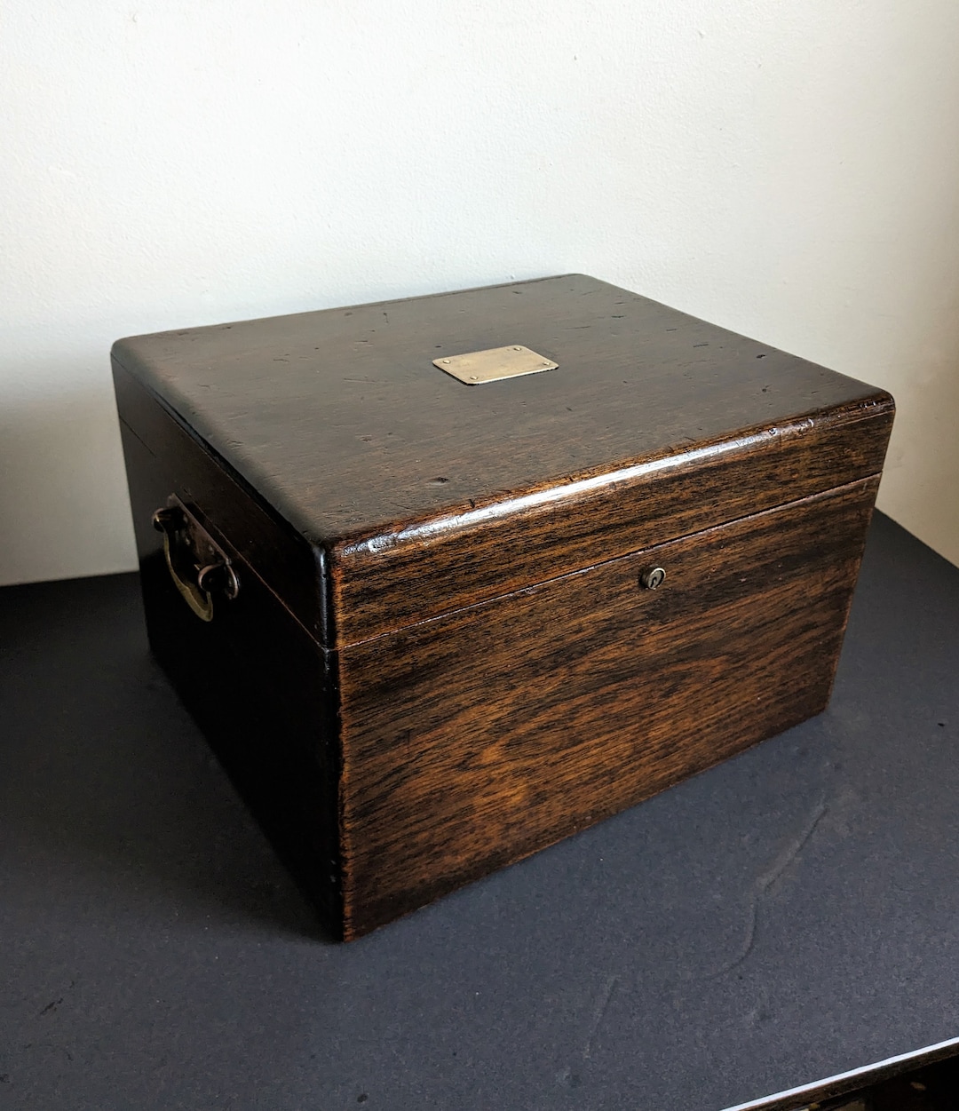 Antique Wood Humidor Walnut Milk Glass Interior Brass Handles Plate Key ...