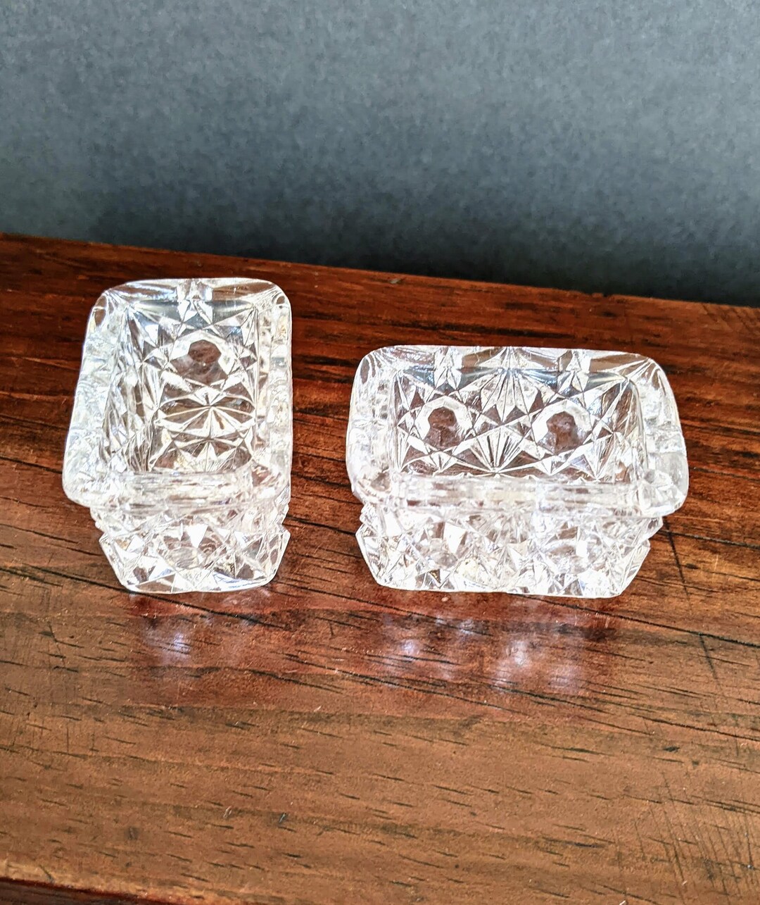 Pair Pressed Glass Open Salt Cellar Clear Crystal Rectangular Elegant ...