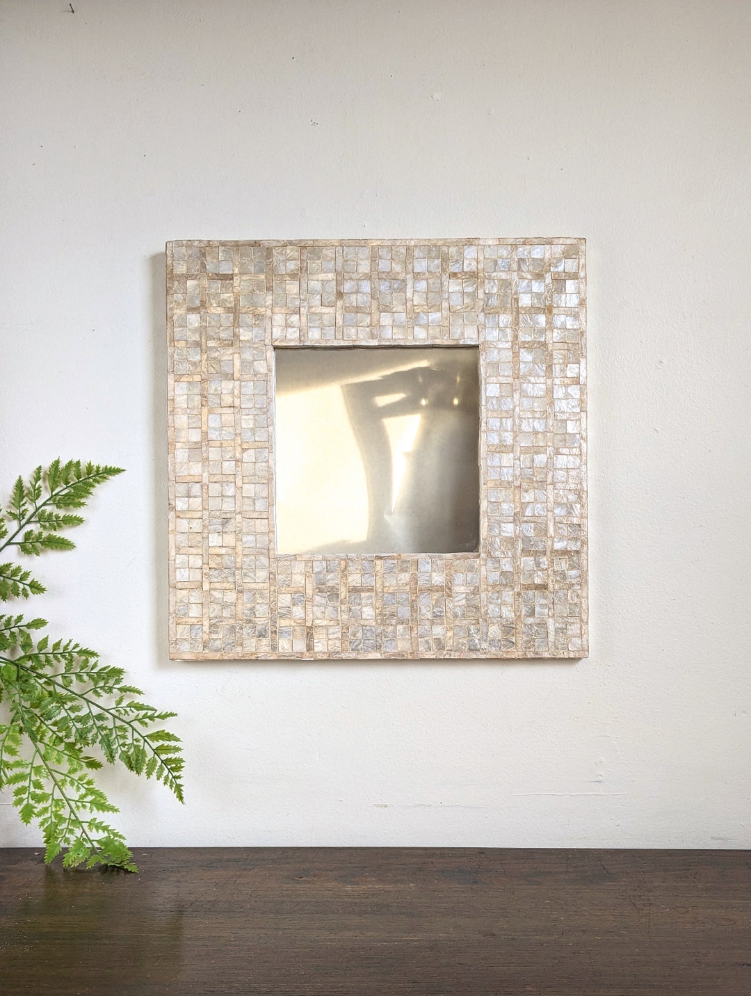 Capiz Shell Wall Mirror Square Geometric Warm White Beige Pearlescent ...
