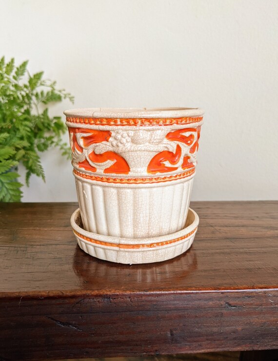 Small Japan Pottery Planter Pot Orange White With Drain Dish - Etsy