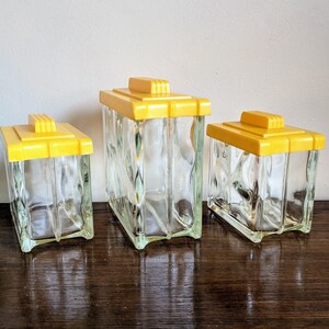 Glass Block Canister Set Yellow Lids Art Deco Modernist Kitchen Storage ...
