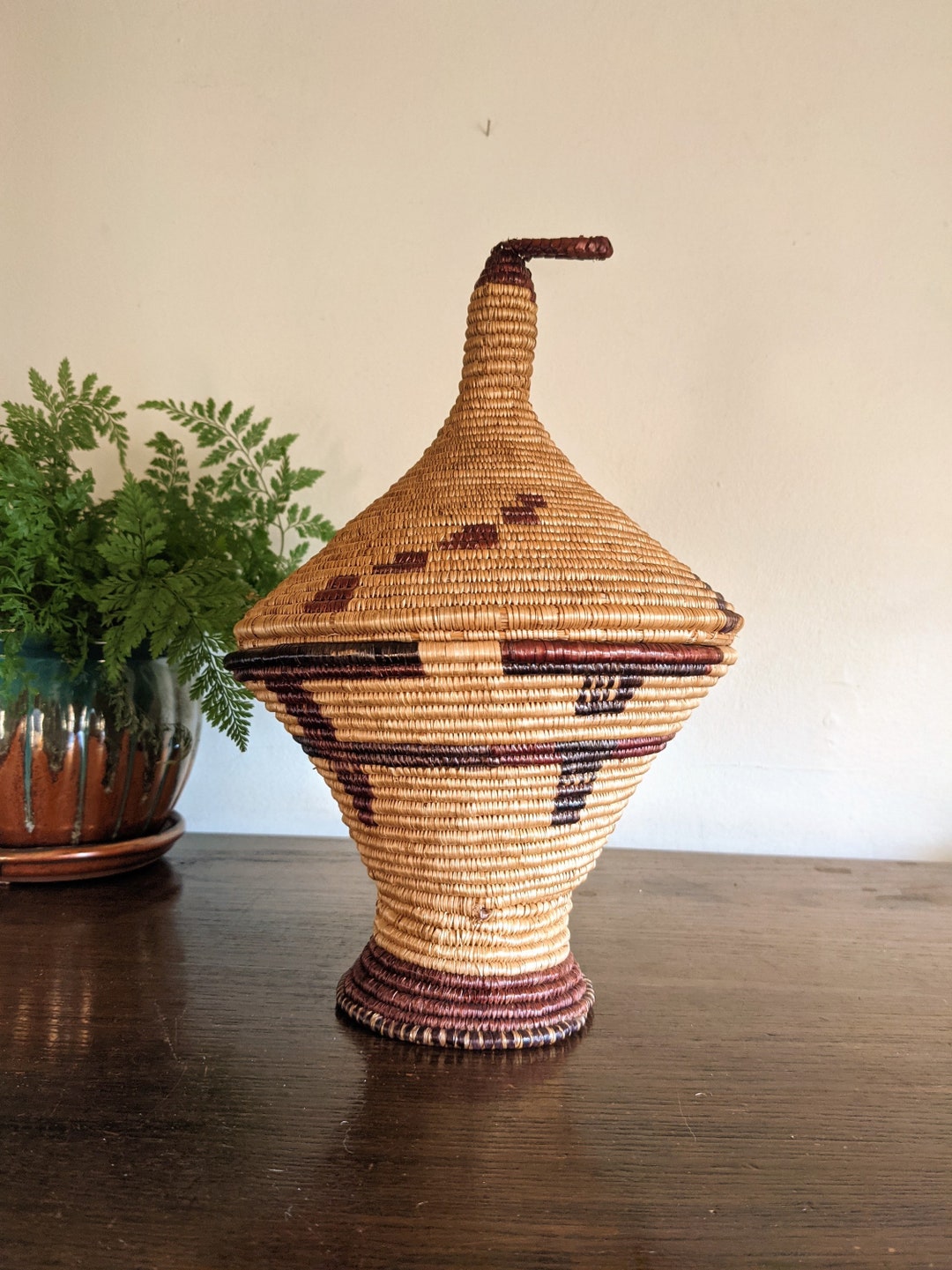 African Woven Basket Tutsi Rwanda African Fiber Art Cone Shape Lidded ...