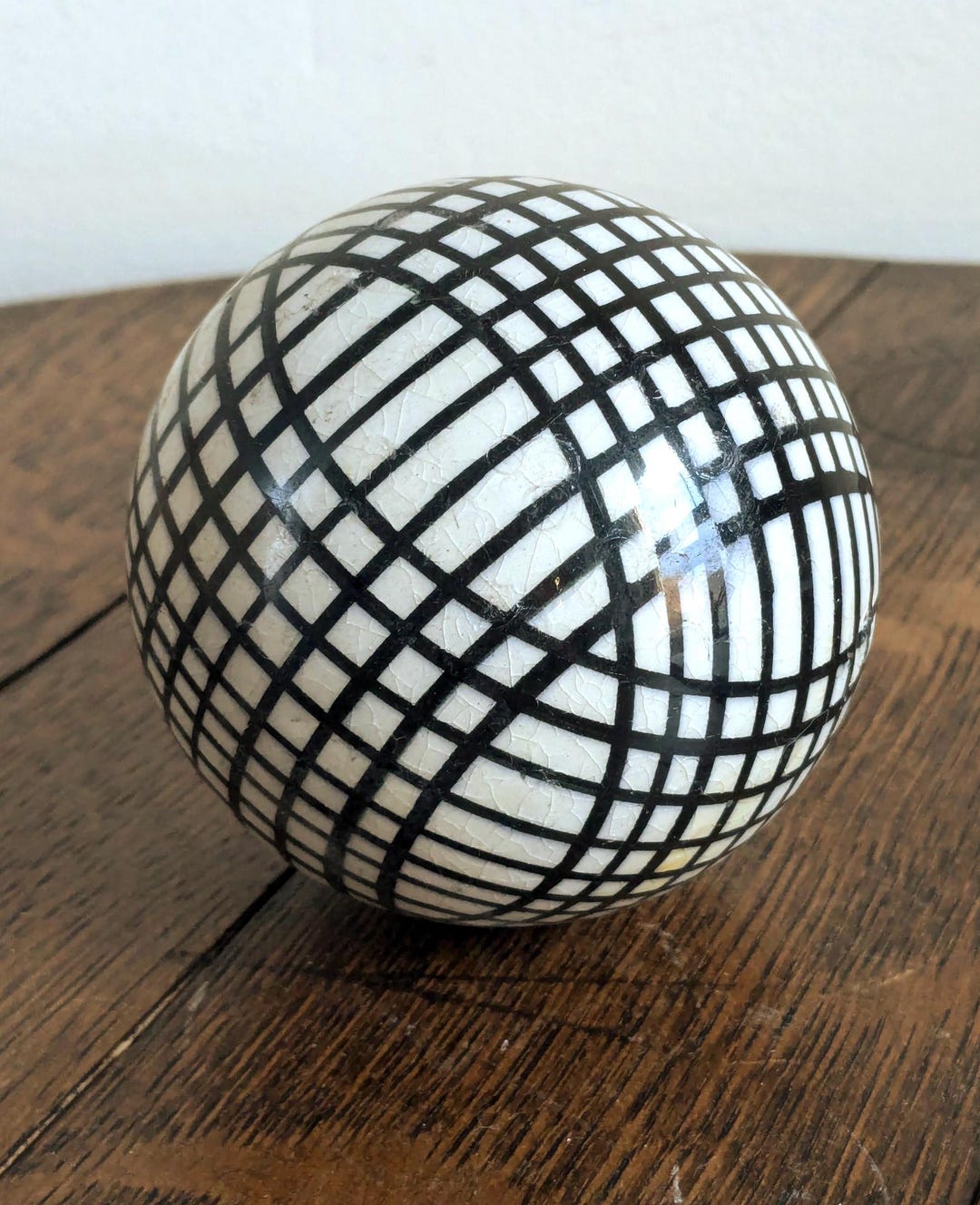 Antique Carpet Ball Black White Plaid 3 Inch Decorative Ceramic Ball ...