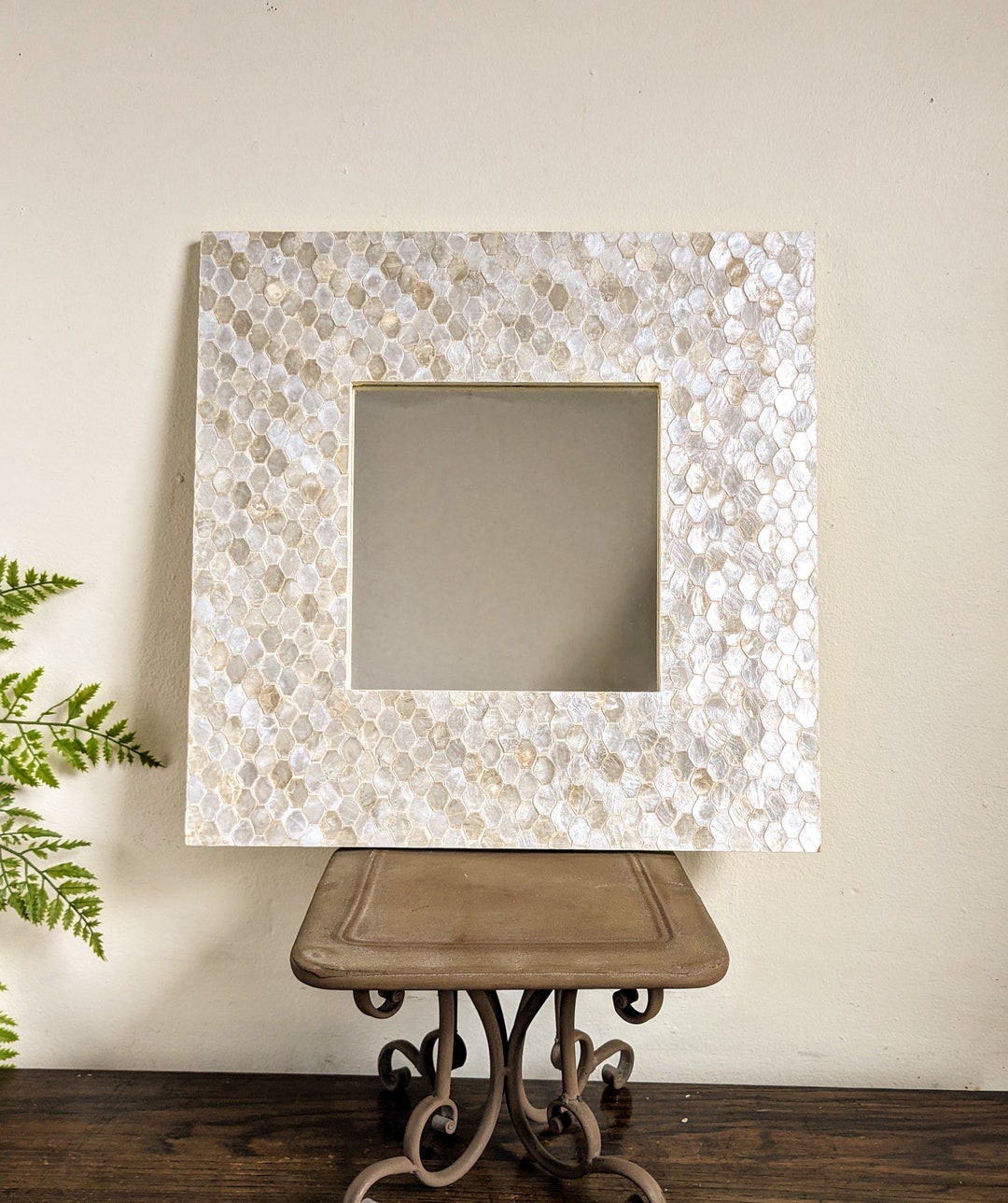 RESERVED for NELLY Capiz Shell Wall Mirror Square Geometric Warm White ...