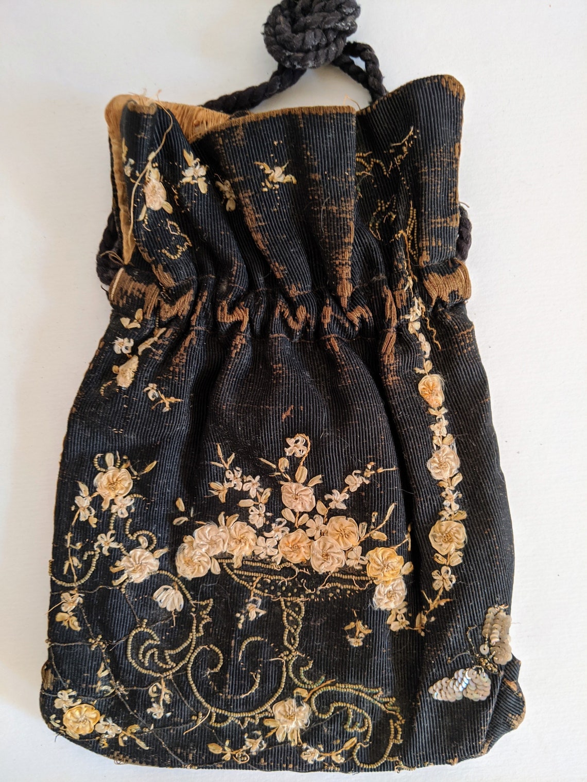 Victorian Drawstring Purse Beaded Ribbonwork Shabby Reticule - Etsy