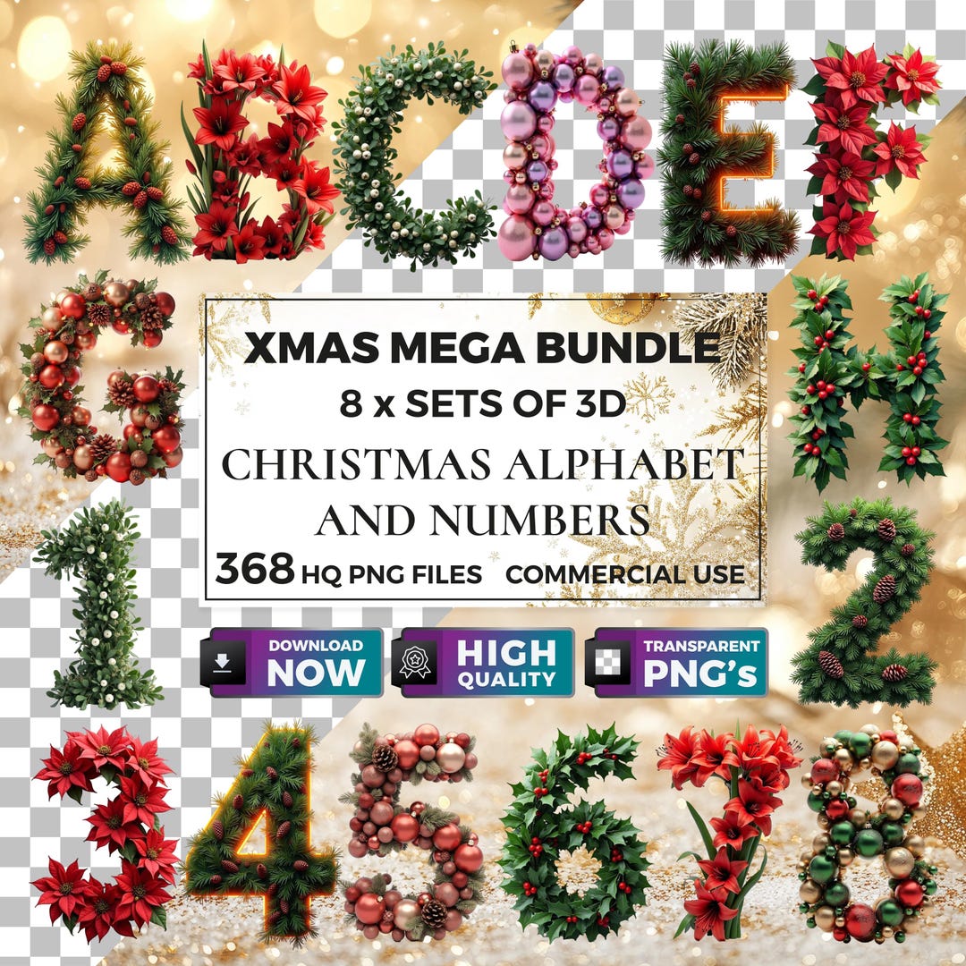 368 X Christmas Alphabet Letters & Numbers PNG Transparent Mega Bundle ...