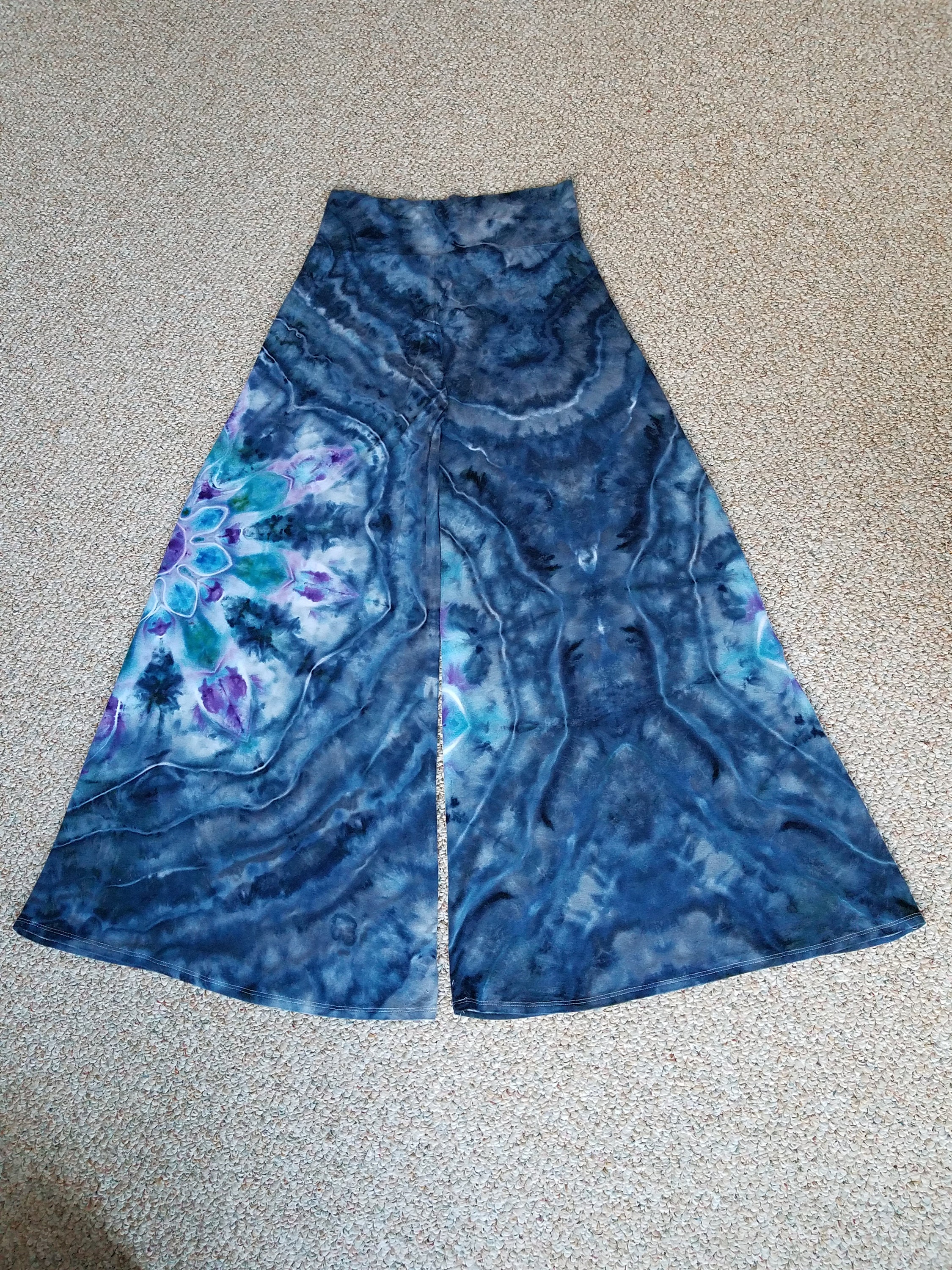 Tie Dye Palazzo Pants Size Xl To Xxl Ice Dyed In Blues With Flowers