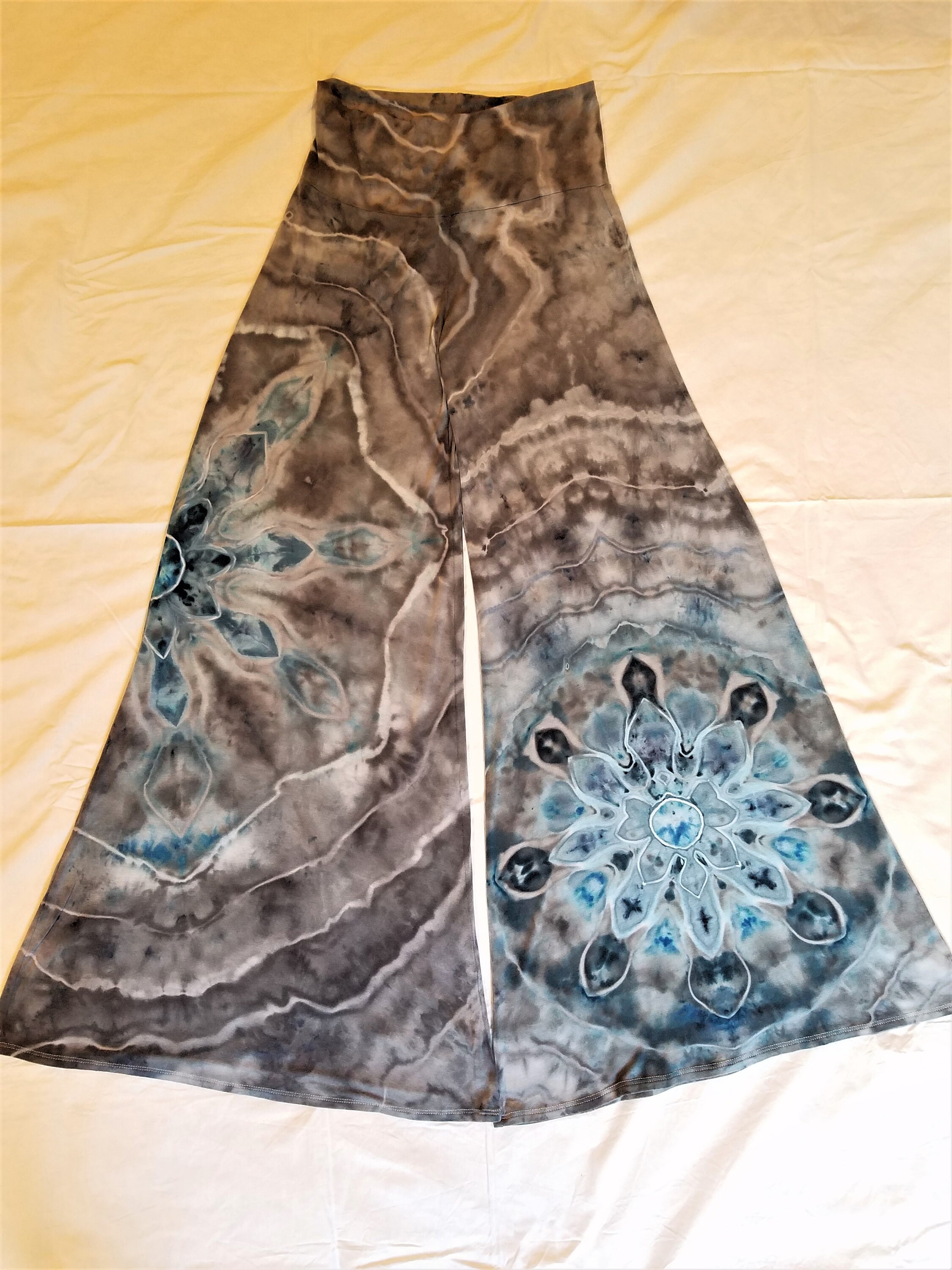 Tie Dye Palazzo Pants Size Medium Large Ice Dyed In Grays And Blues