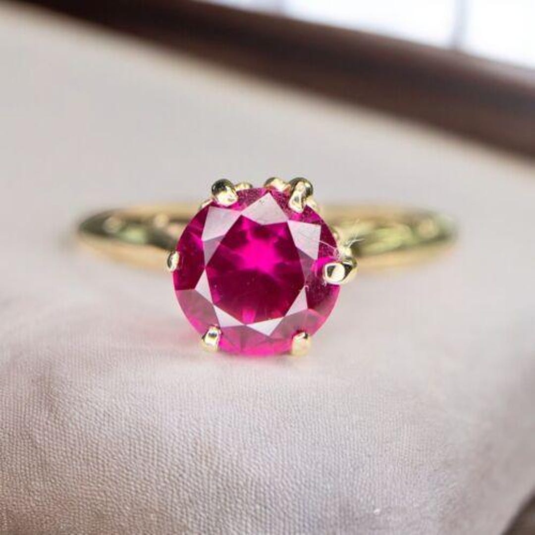 Victorian Era Rose Gold 10k Yellow Gold Round Pink Red Ruby Solitaire ...