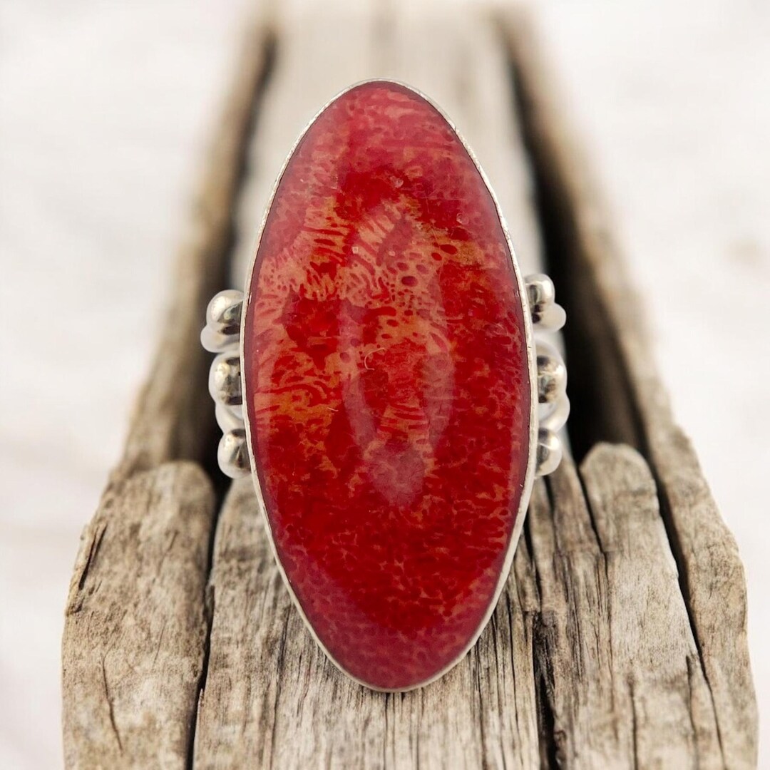 Vintage Sterling Silver Marquise Red Coral Statement Ring Size 7 - Etsy