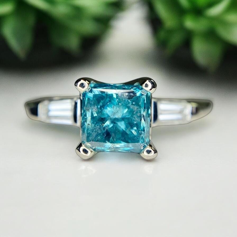 Vintage Platinum Natural Fancy Blue Princess Cut Diamond Engagement ...