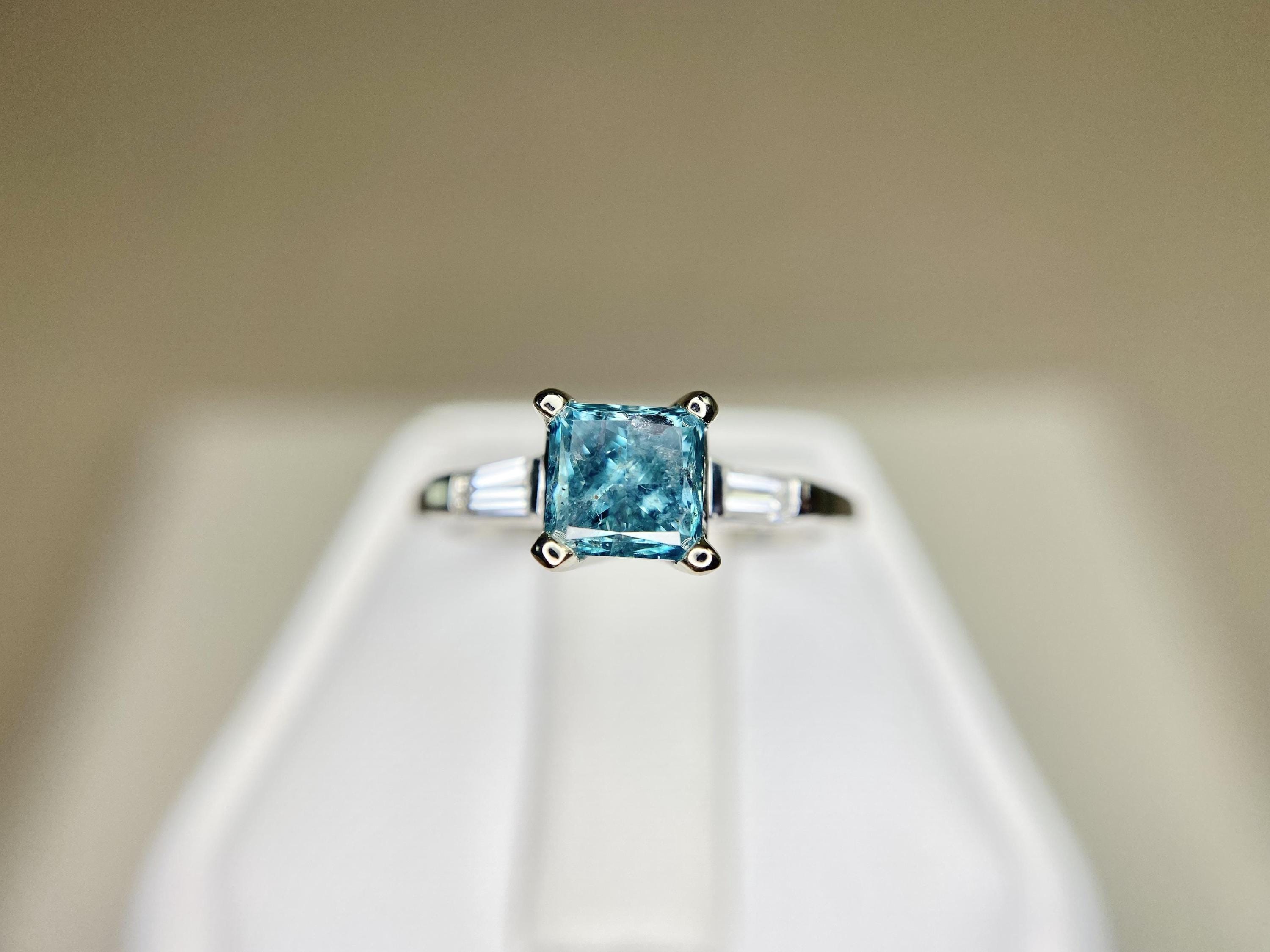Vintage Platinum Natural Fancy Blue Princess Cut Diamond Engagement ...