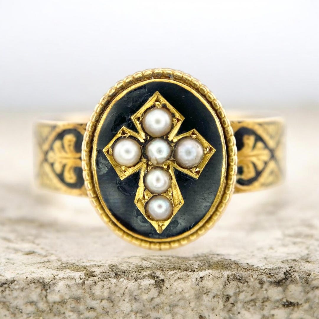 Victorian 14k Yellow Gold Pearl Cross Mourning Ring Hair Braid Onyx ...