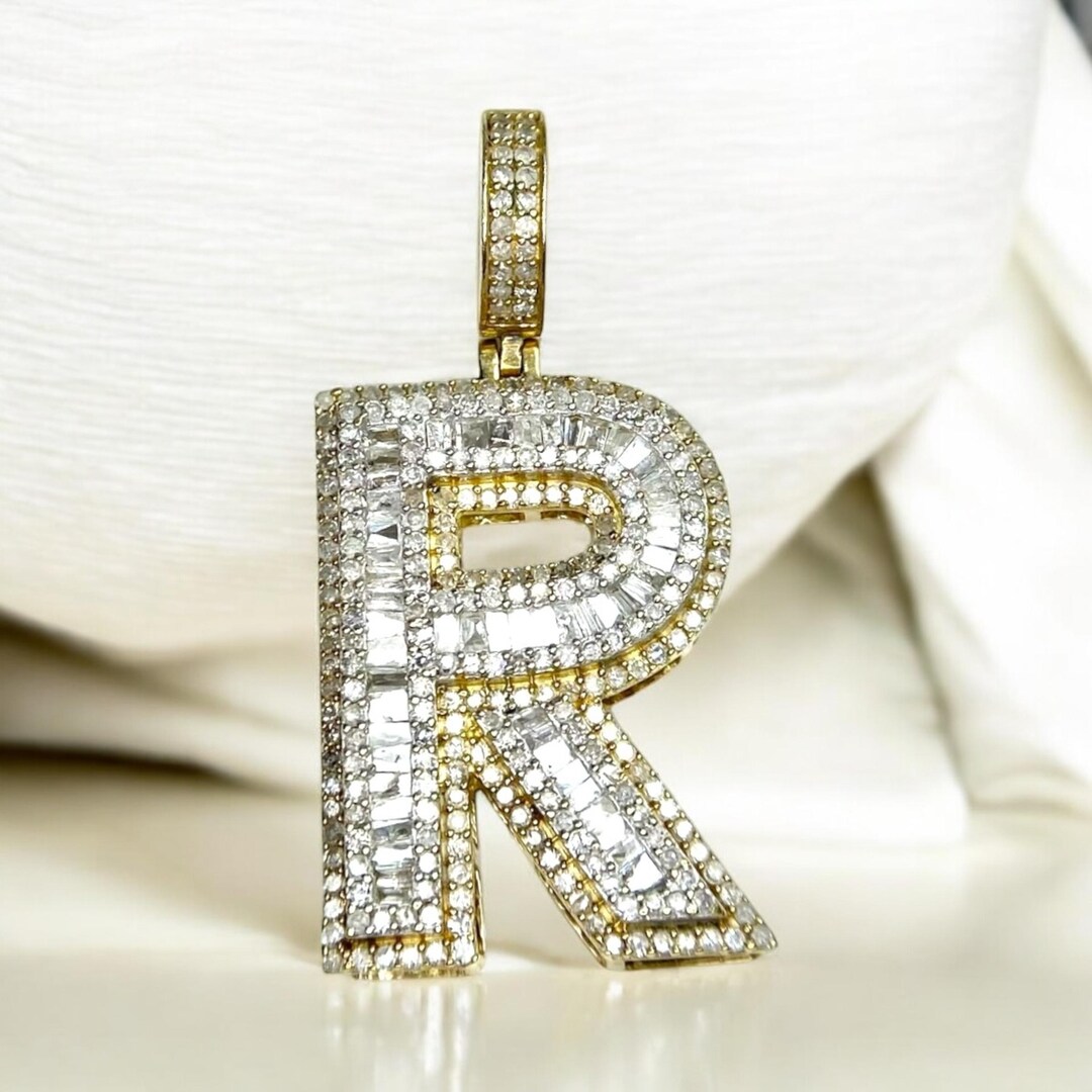 10k Yellow Gold Natural Round Baguette Cut Diamond Letter R Pendant - Etsy