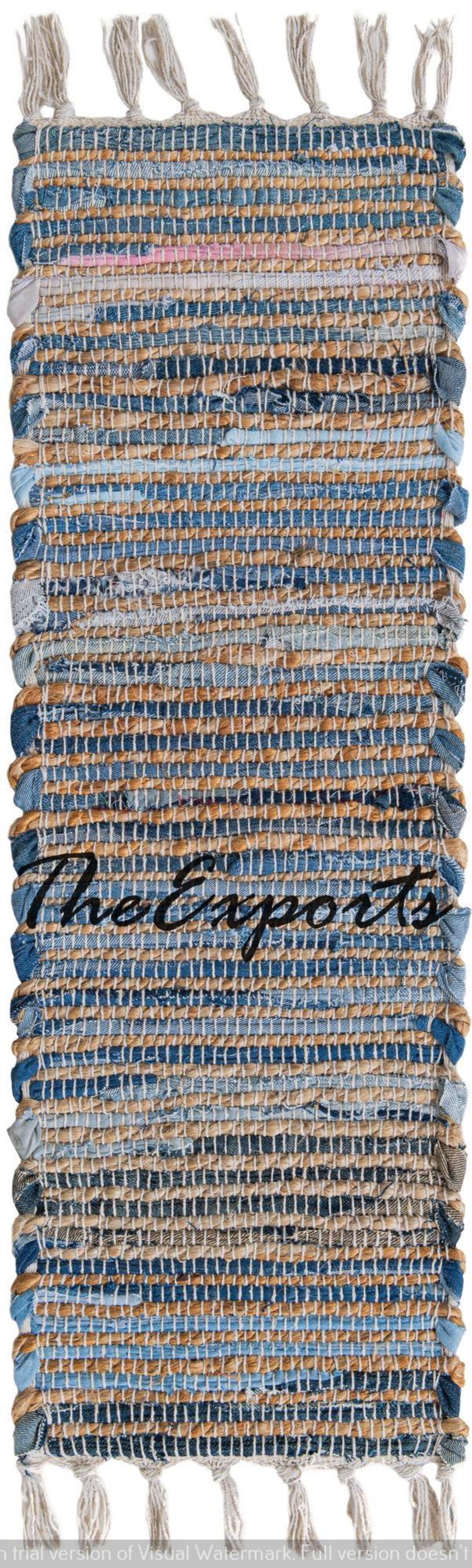 Hand Braided Jute & Denim Stair Tread, Natural Chindi Cotton Rug, Floor ...