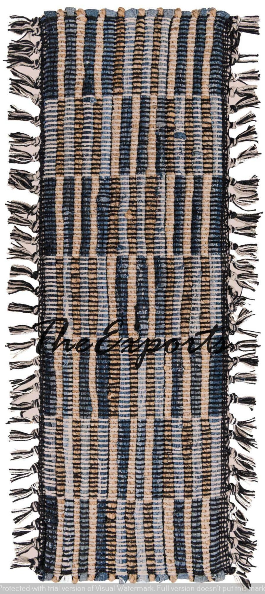 Indian Handmade Braided Jute Denim Stair Tread, Natural Chindi Cotton ...