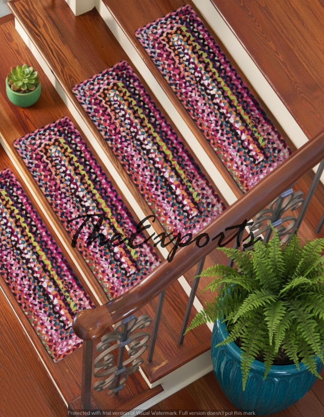 9x30" Braided Chindi Cotton Carpet Stair Treads, Wooden Stair Runner ...