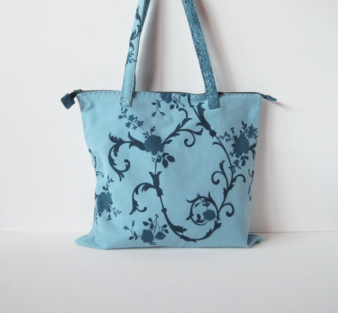 Light Blue Fabric Bag With Blue Roses and Flowers, Handmade, Unique ...