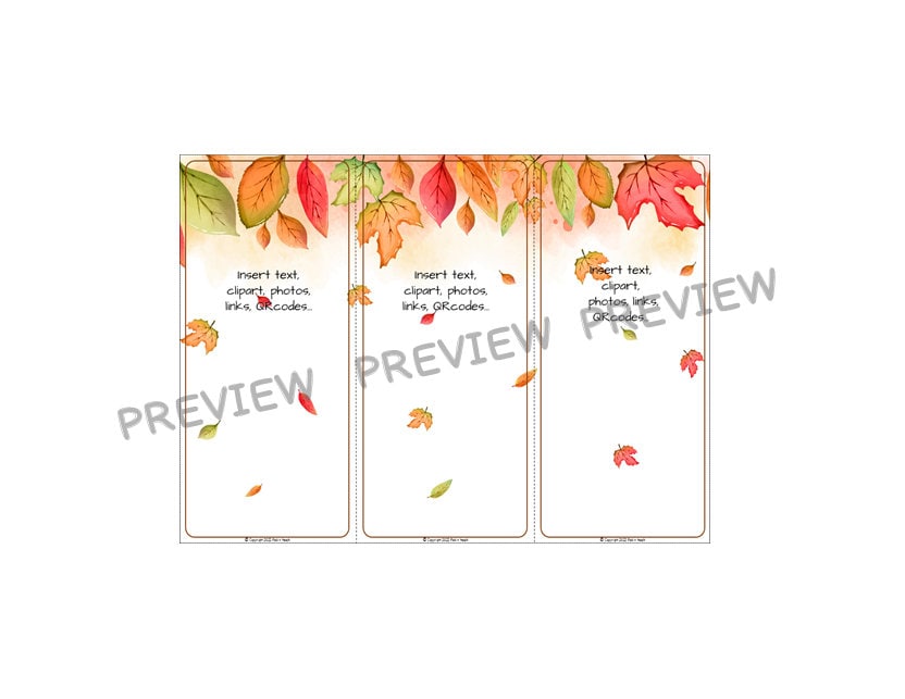 Editable BOOKMARK Templates - Fall - Personalize, Add Your Own Text ...
