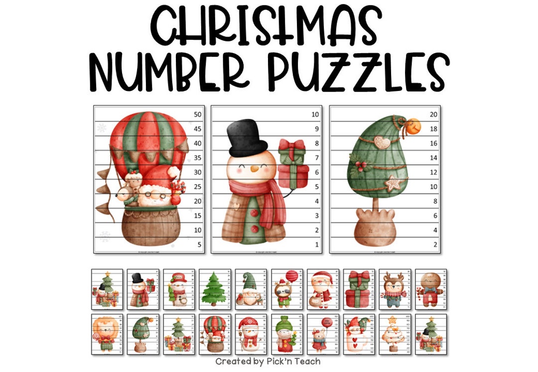 Christmas NUMBER PUZZLES to Learn Counting by 1s, 2s, 3s, 5s, 10s, 50s ...