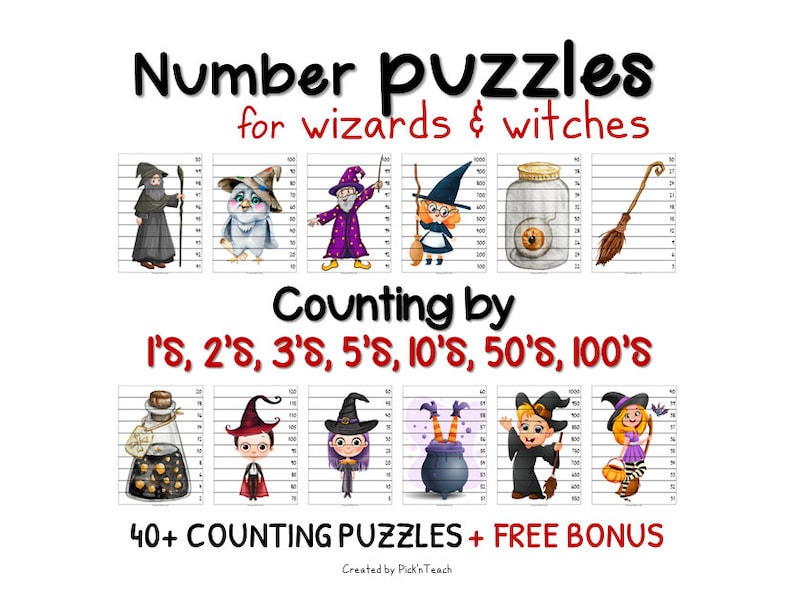 Number PUZZLES for Wizards to Learn Counting by 1s, 2s, 3s, 5s, 10s ...
