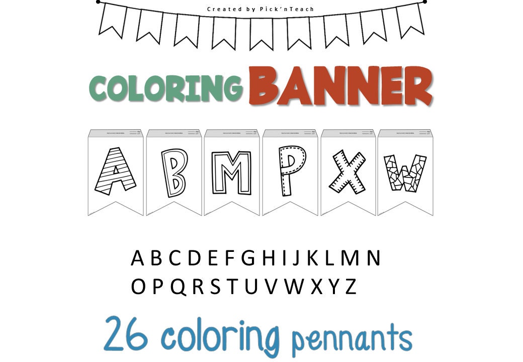 Printable Coloring BANNER With 26 Letter Pennants - Instant Download ...