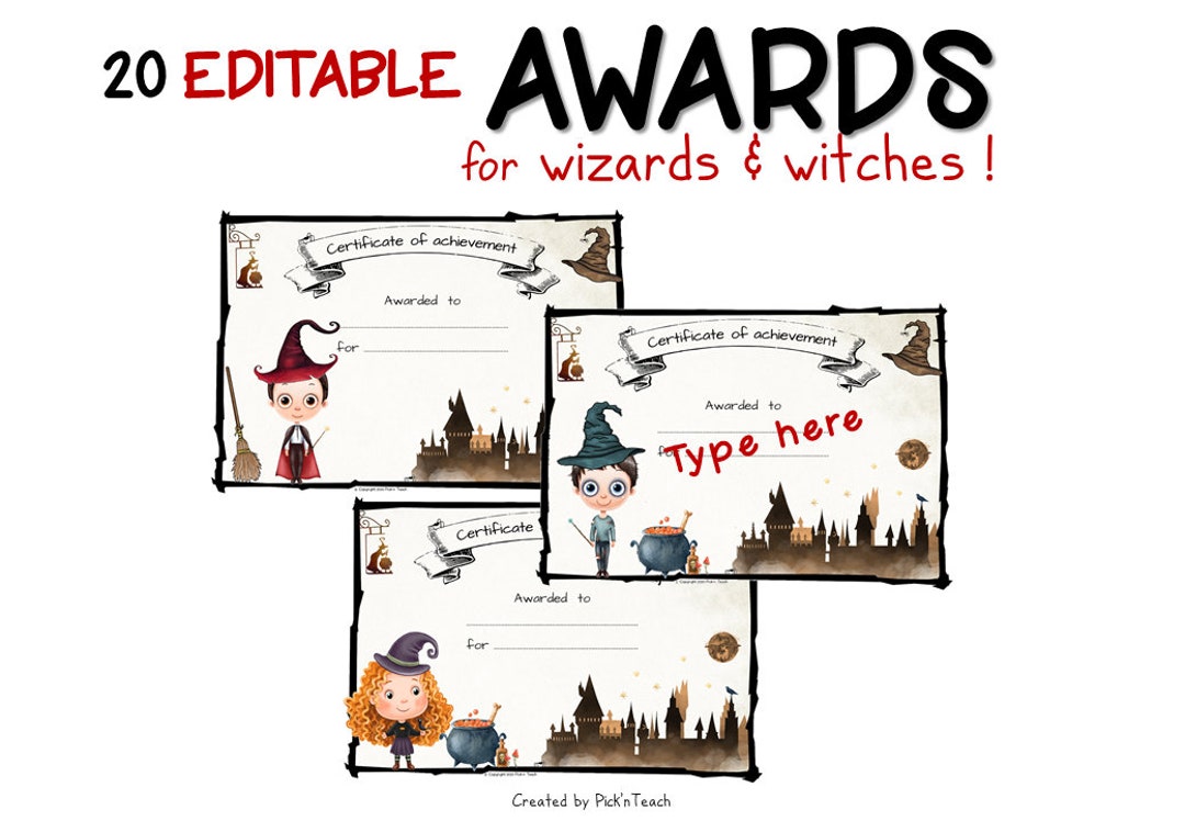 20 EDITABLE Digital Award Certificates for Wizards and Witches for ...