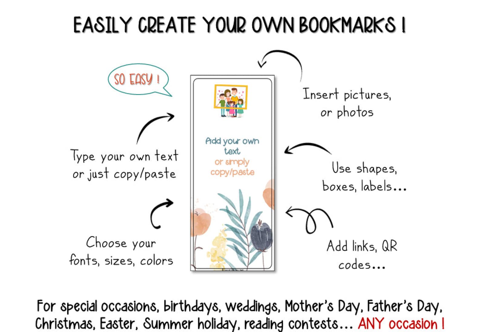 Editable BOOKMARK Templates With Flowers - Personalize With Your Own ...