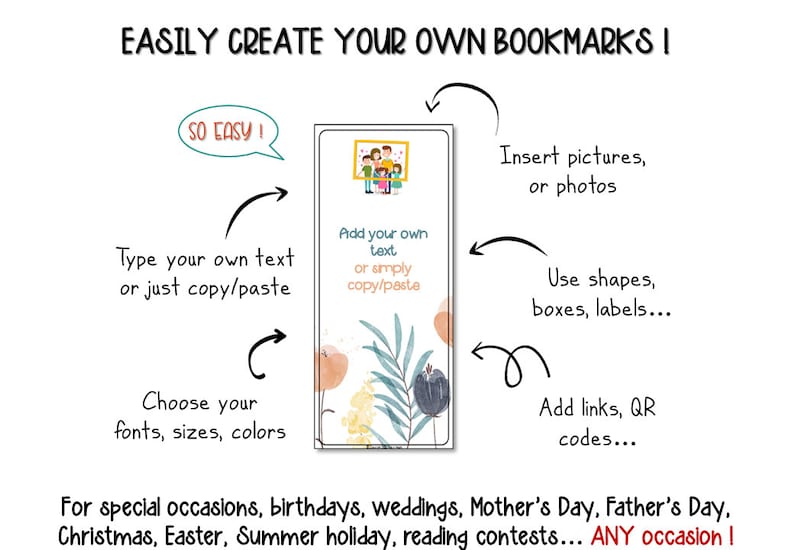 Editable BOOKMARK Templates With Flowers - Personalize With Your Own ...